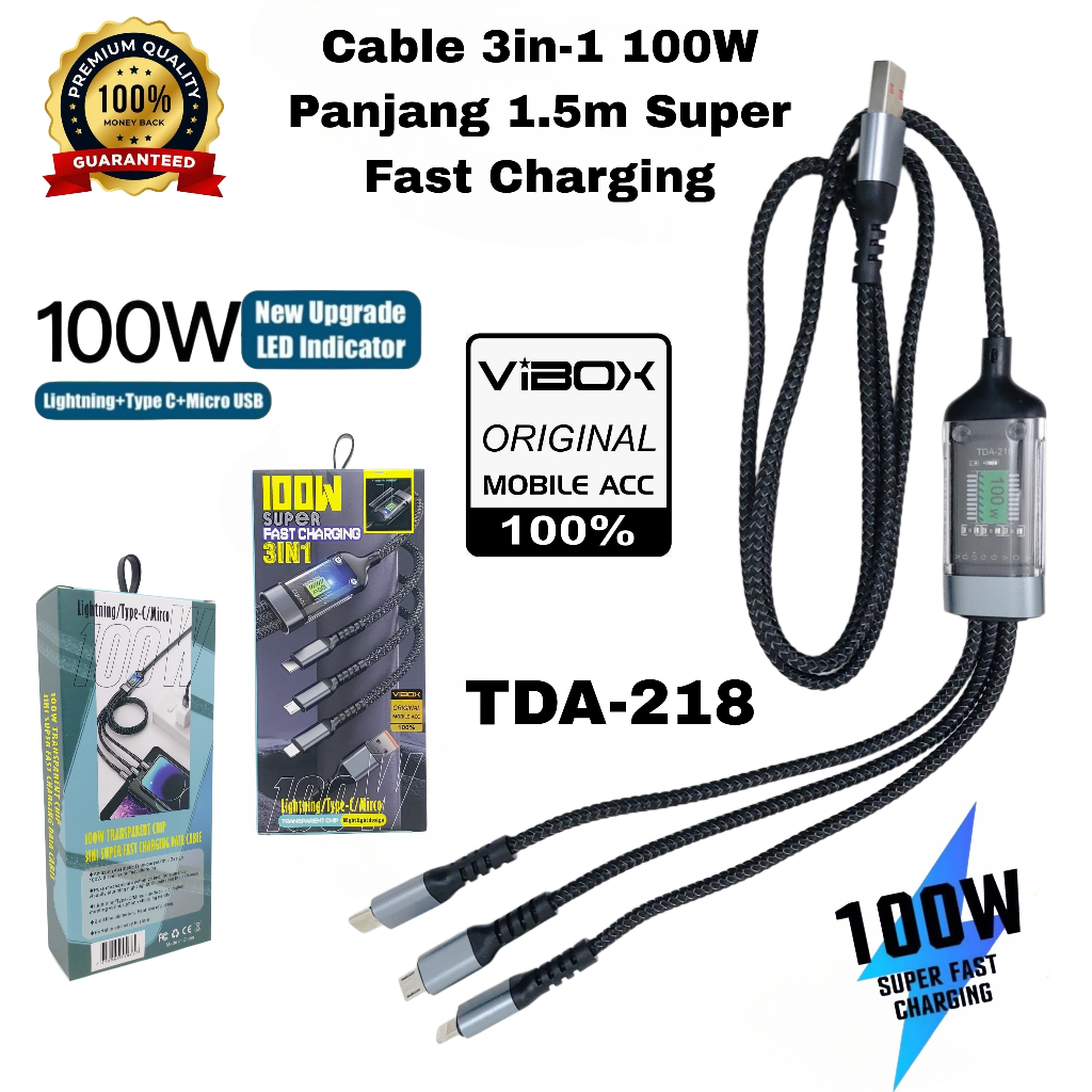 Jual Vibox 100w Tdy B-12 Kabel Data 3in1 Fast Charging Micro+Lightning ...