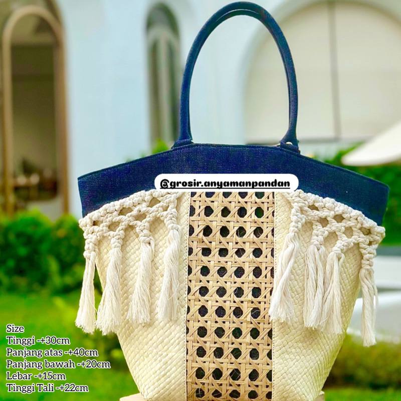 Jual TAS PANDAN LOLY JEANSS KOMBI BAMBU RAWIS tas pantai tas anyaman ...