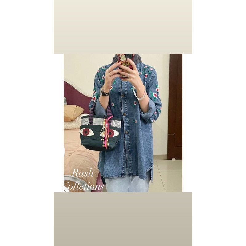 Jual Kemeja jeans bordil Flowr oversize//kemeja jeans bordil asli ...