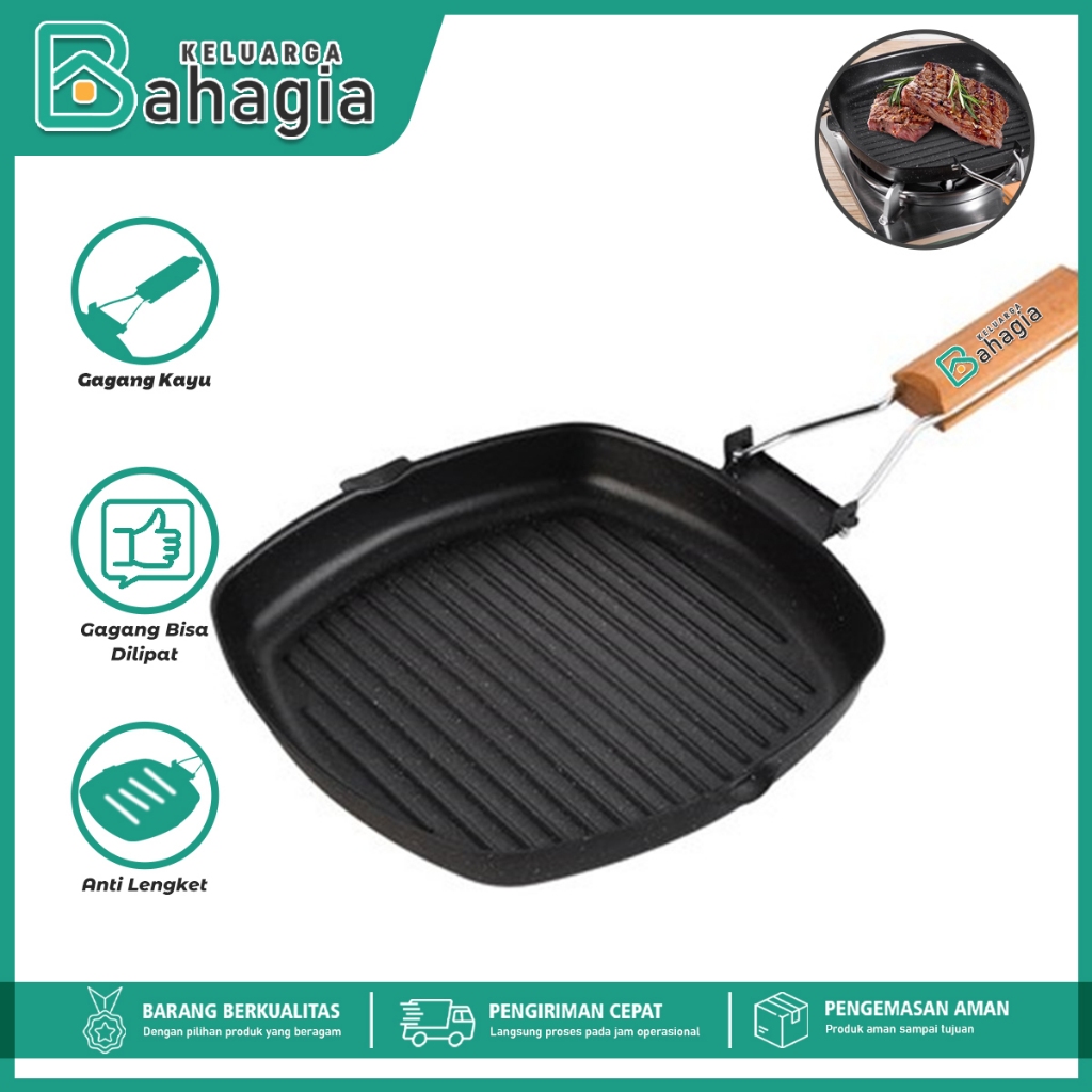 Jual [KB] Panggangan Square Grill Pan 20 CM Grill / Teflon Panci BBQ Steak Anti Lengket Gagang ...