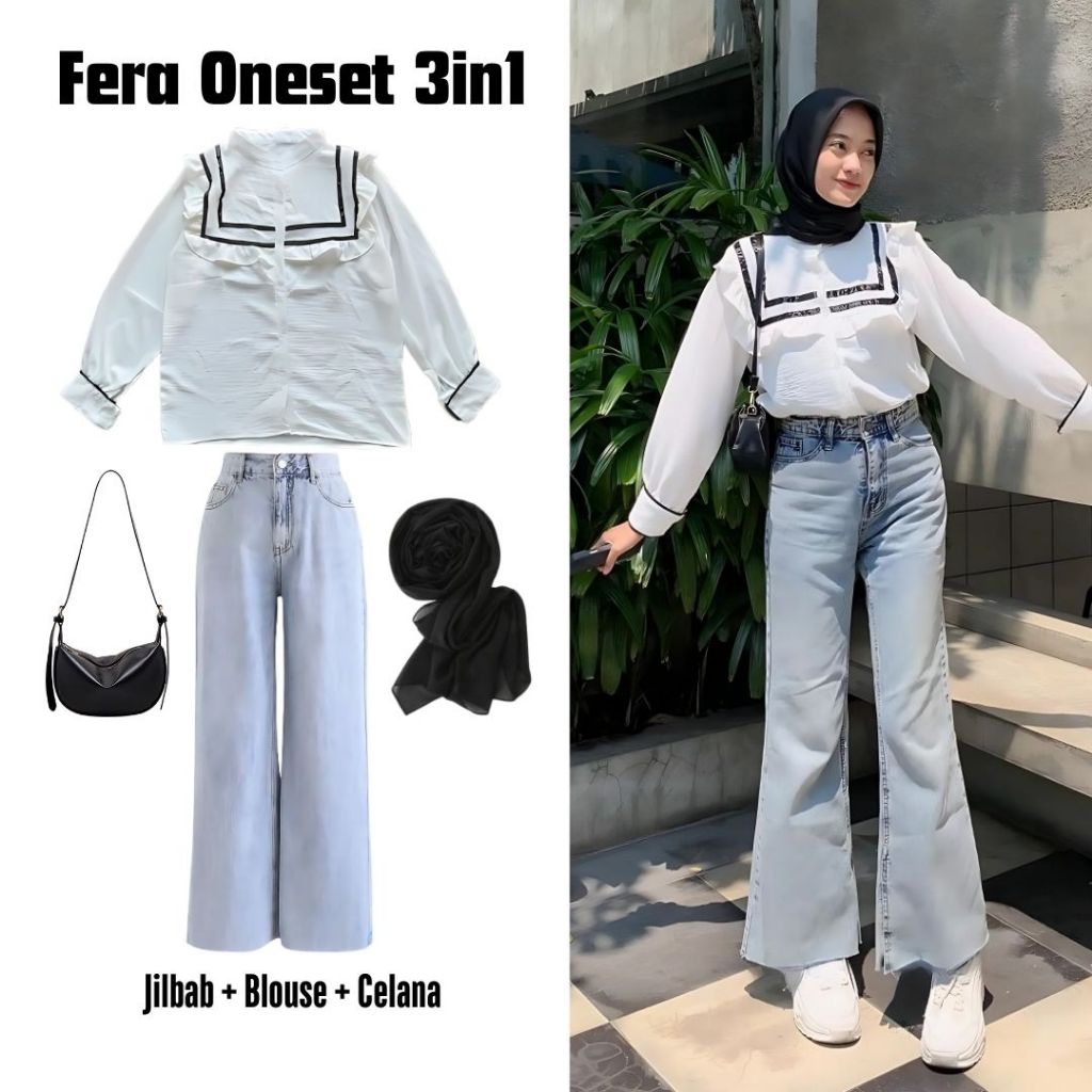 Jual One set 3in1 baju atasan blouse putih list hitam celana highwaist jeans cullote denim pants ...