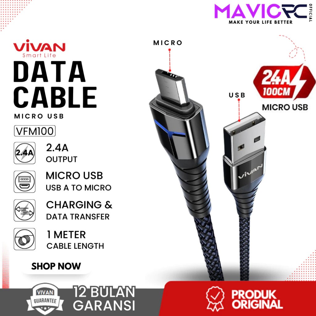 Jual Cable Vivan VFM100 USB to Micro 1M - Black | Shopee Indonesia
