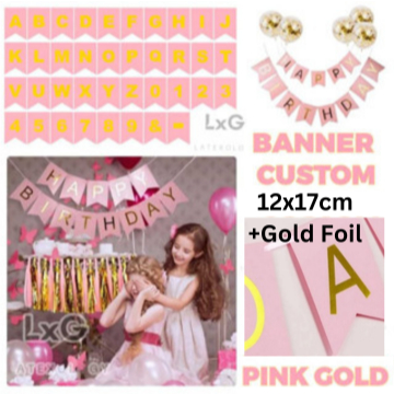 Jual Custom Banner Huruf Gold Foil PINK 12x17cm, Bunting Flag, (Tedhak ...