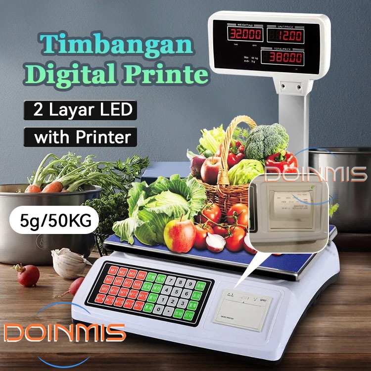 Jual ⚡Printer⚡Timbangan Digital Printer 50kg Dua Layar LED Timbangan ...