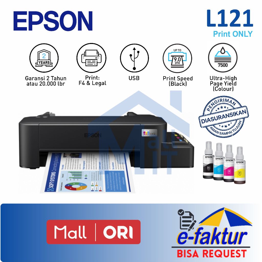 Jual MALLIT EPSON Printer Epson L121 L-121 L 121 A4 Pengganti L120 L-120 Print Only Inkjet Resmi ...