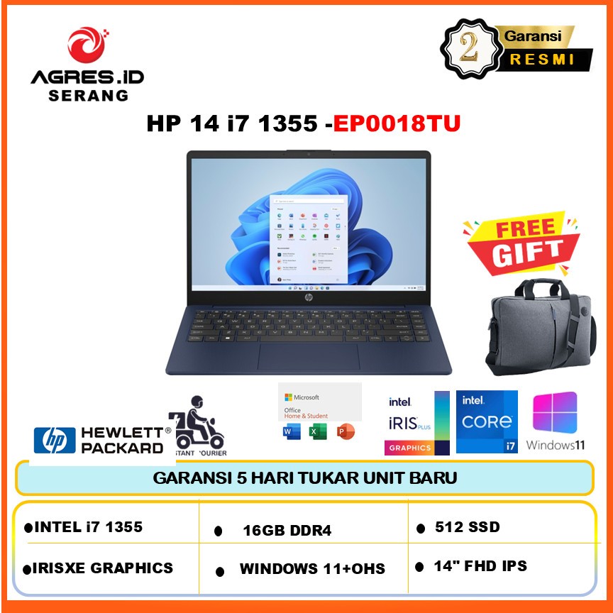 Jual HP 14 Intel Core i7 1355 EP0018TU 16GB 512GB W11+OHS 14.0FHD ...