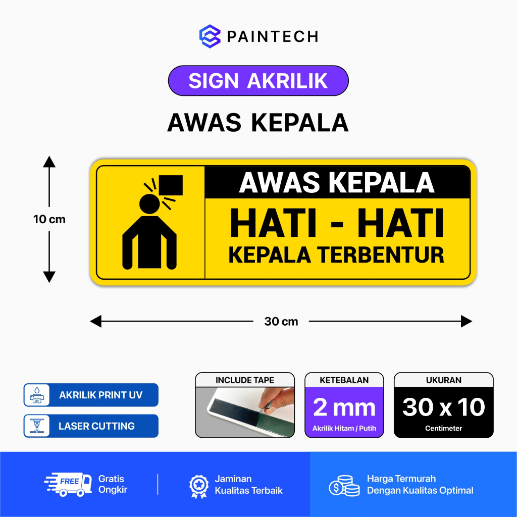 Jual Sign Akrilik Hati Hati Awas Kepala / Signboard Caution Awas Kepala ...