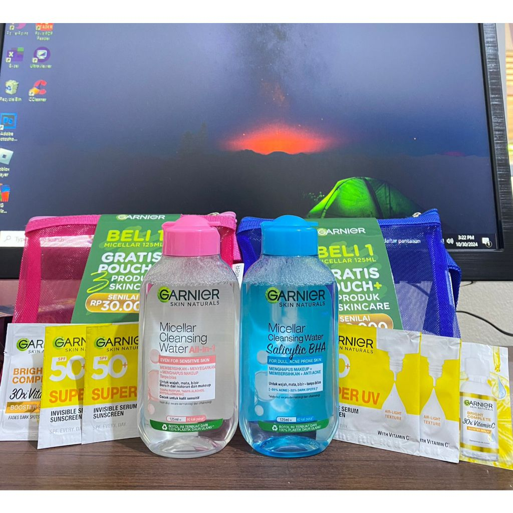 Jual GARNIER MICELLAR WATER 125ML Free pouch + 2 sunscreen + 1 brighte ...