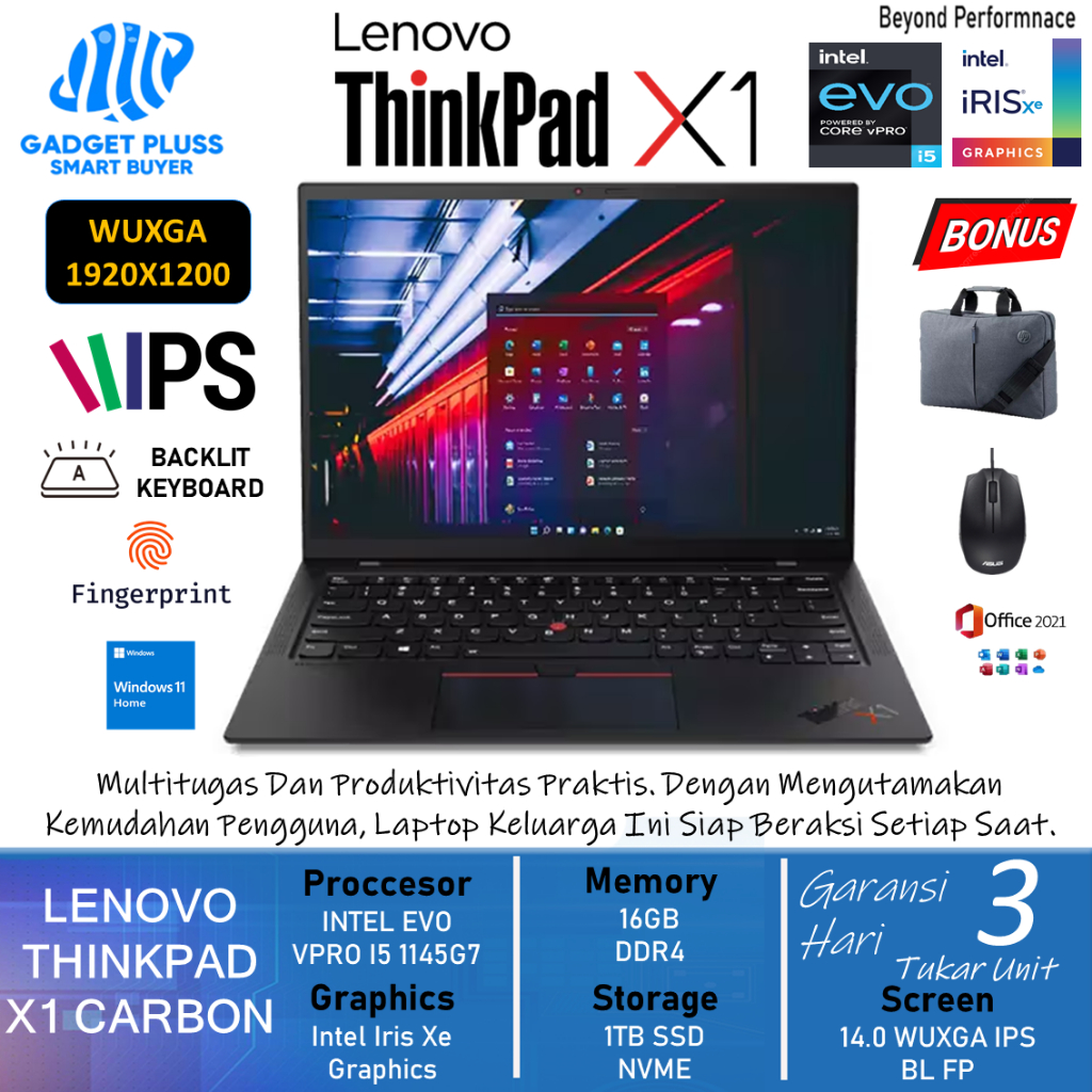 Jual Laptop Lenovo Thinkpad X1 Carbon Intel Evo Vpro i5 1145G7 16GB ...