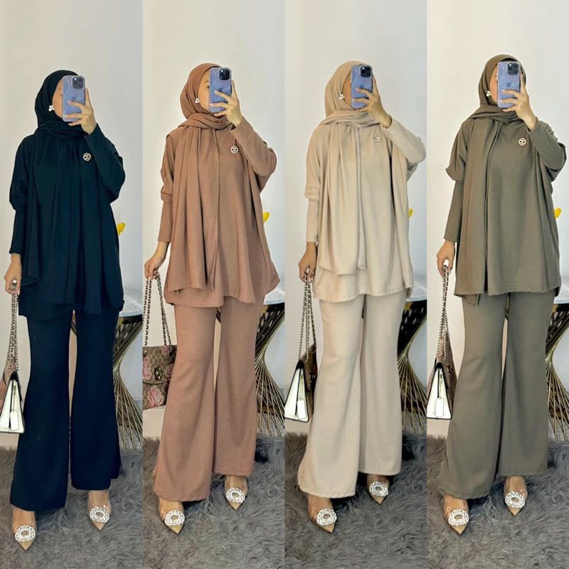 Jual 3IN1 SETELAN + PASHMINA !! PRITA SET HIJAB KNIT FIT TO XL CELANA ...