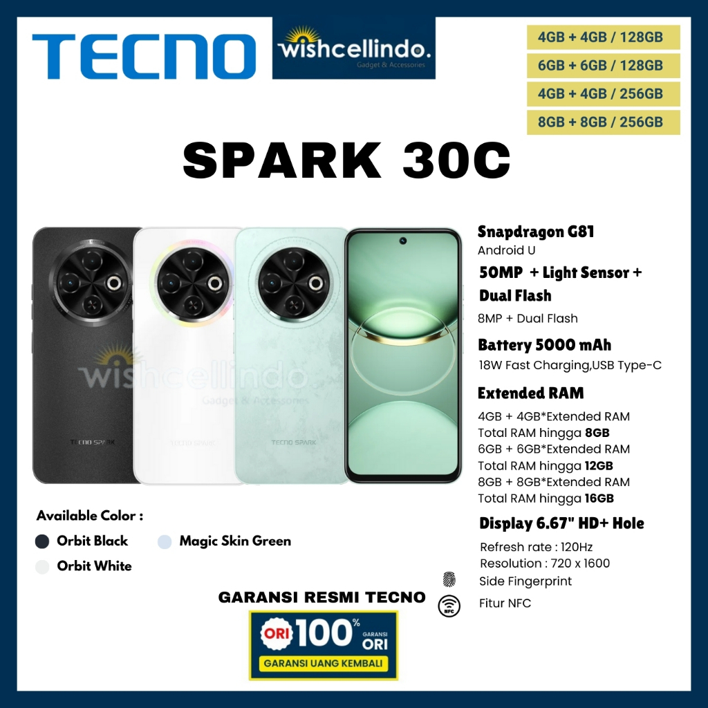 Jual TECNO SPARK 30C 6/128GB, SPARK GO 1 4/128 GB, SPARK GO 1 4/64 GB(Garansi Resmi Tecno 1 ...