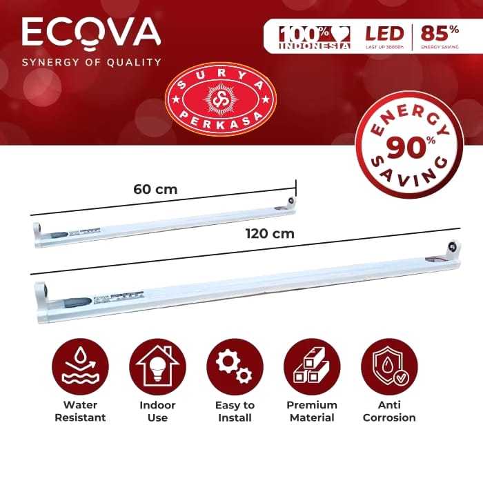 Jual Surya Perkasa ECOVA Kap Lampu Tabung T8 LED Tube T8 Housing Kap Lampu ECOVA Kap Lampu Neon ...
