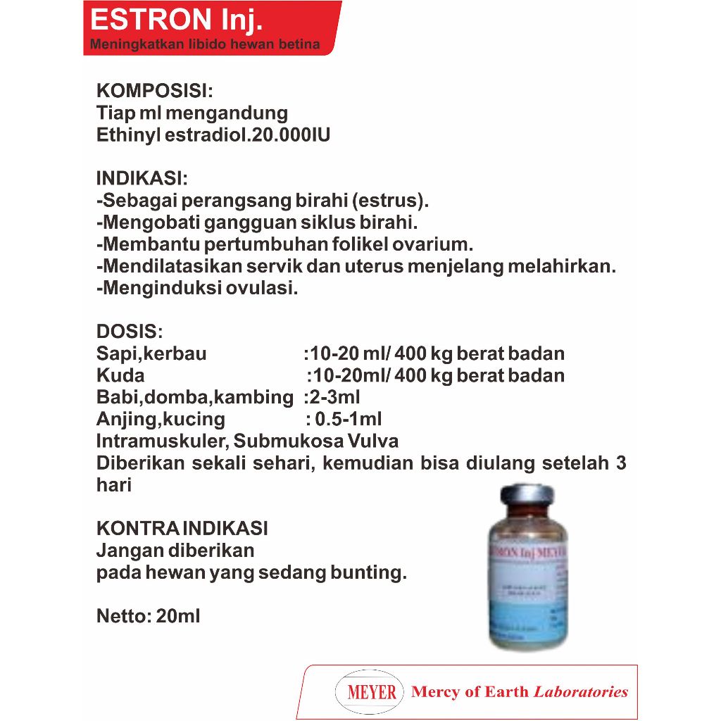 Jual Estron Injeksi Meyer 20 ml obat birahi untuk hewan peliharaan ...