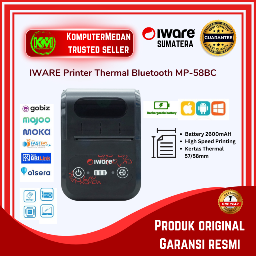 Jual IWARE Printer Thermal Bluetooth MP-58BC MP58BC 58BC (TYPE-C WITH ...