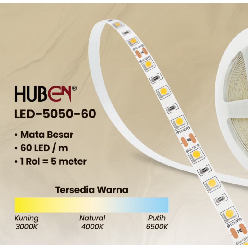Jual HUBEN Lampu Led Strip Light Mata Besar 5050 60 LED / Meter 12V ...