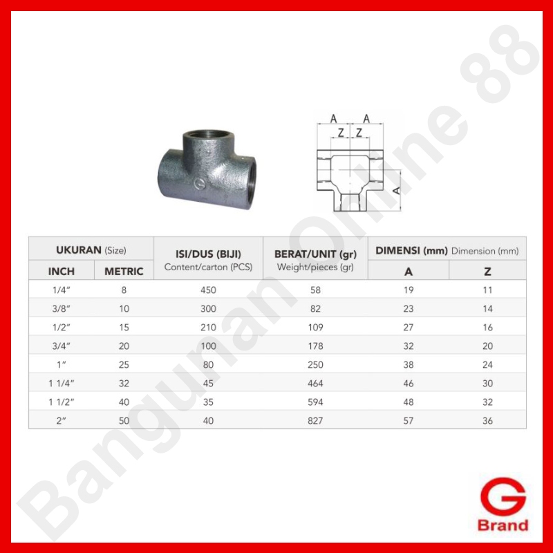 Jual Tee Besi Galvanis 3/4" inch G Brand Tee Fitting Pipa Besi ...