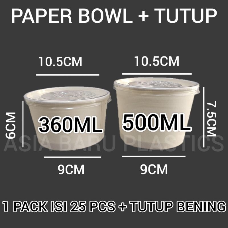 Jual Paper Bowl + Tutup 360ml 500ml / Mangkok Kertas 360ml 500ml isi 25pcs | Shopee Indonesia