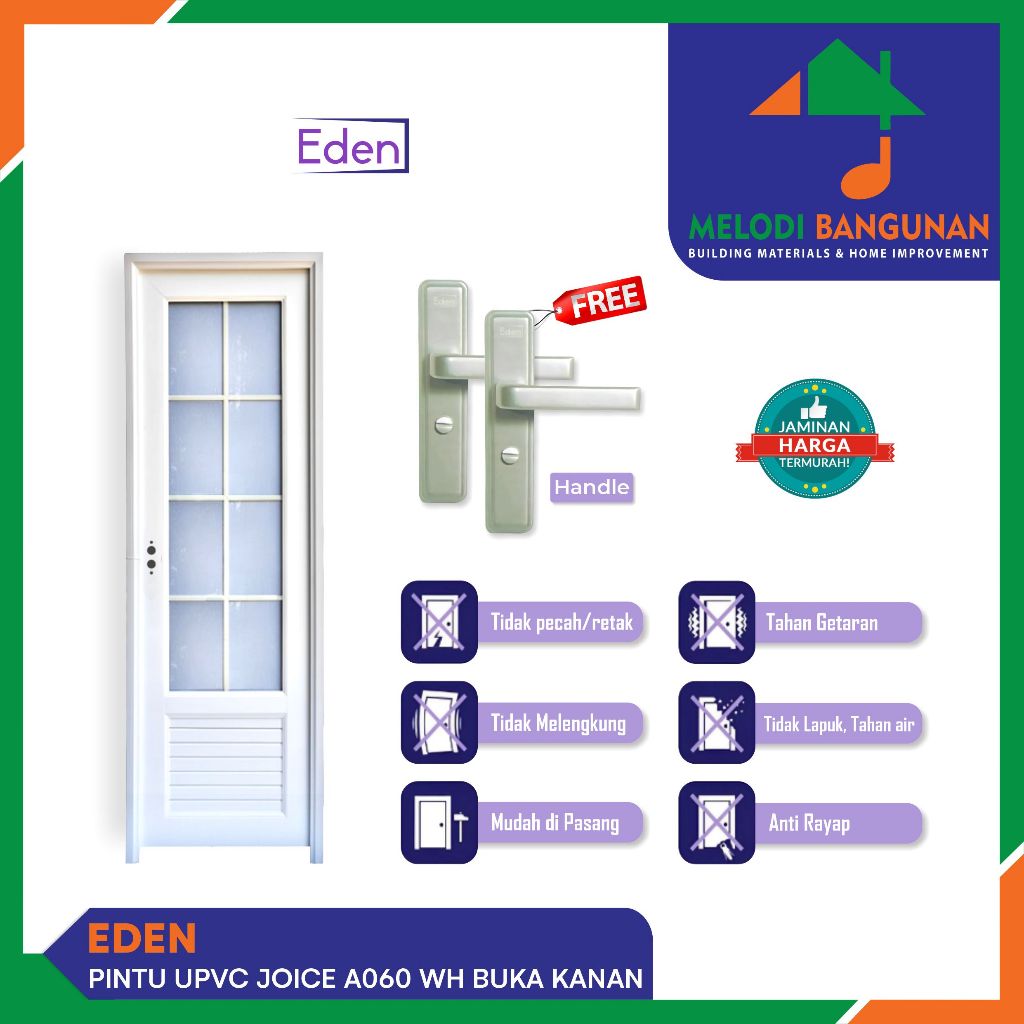 Jual Eden - Pintu Kamar Mandi Wc Upvc Joice A060 WH Buka Kanan White ...
