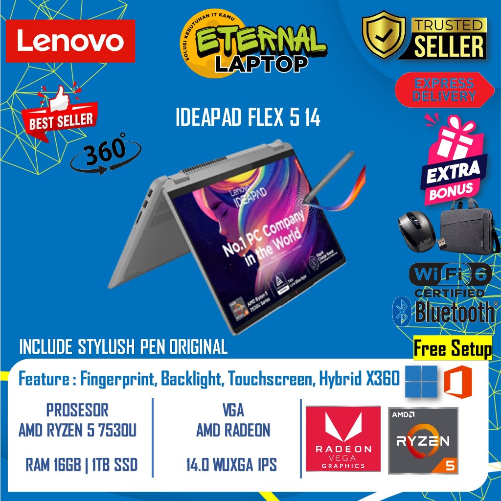 Jual Laptop Flip Murah LENOVO IDEAPAD FLEX 5 14 AMD RYZEN 5 7530U 16GB ...