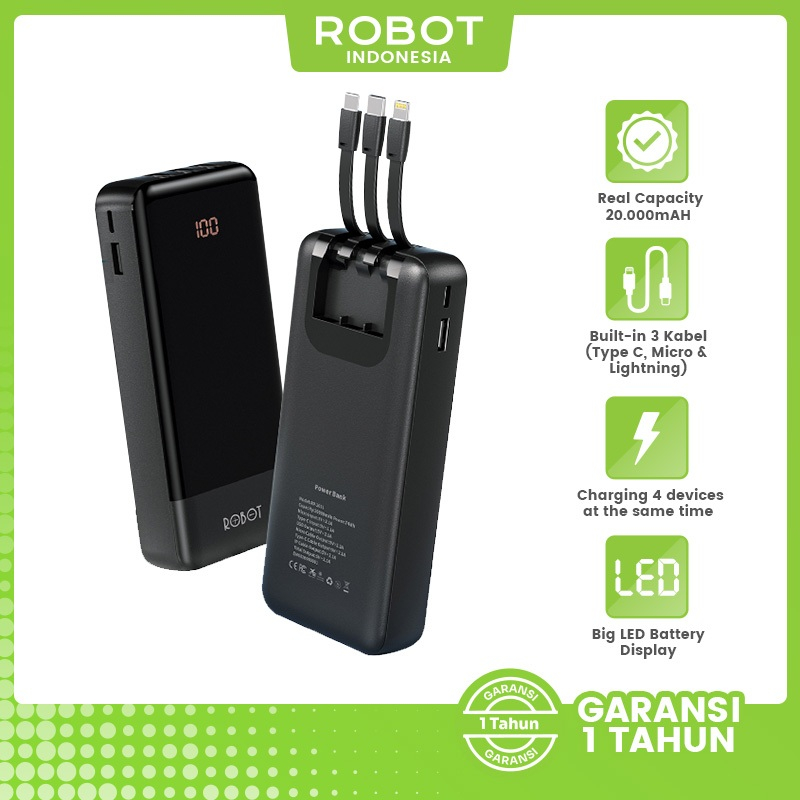 Jual ROBOT Powerbank 20000mAH RP-201L 2.1A 3 Built-in Kabel Type C ...