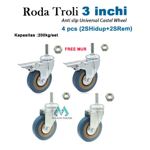 Jual (4pcs)Roda Troli 3 inchi RS VARIAN (Screw HIDUP/REM)+mur Biru-Anti ...