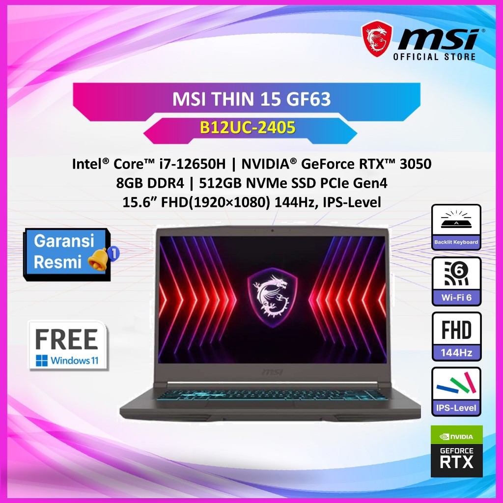 Jual MSI THIN 15 INTEL I7 12650H RTX3050 4GB/ 8GB 512GB W11 15.6 FHD 144HZ BLIT 2Y GREY/BLACK ...
