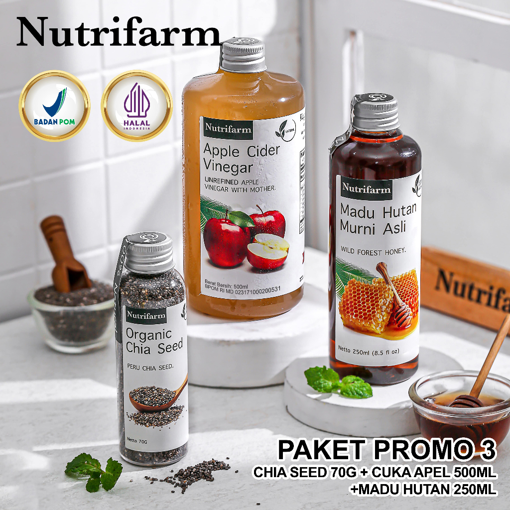 Jual PAKET PROMO 3 NUTRIFARM 3IN1 CUKA APEL MADU HUTAN CHIA SEED ...