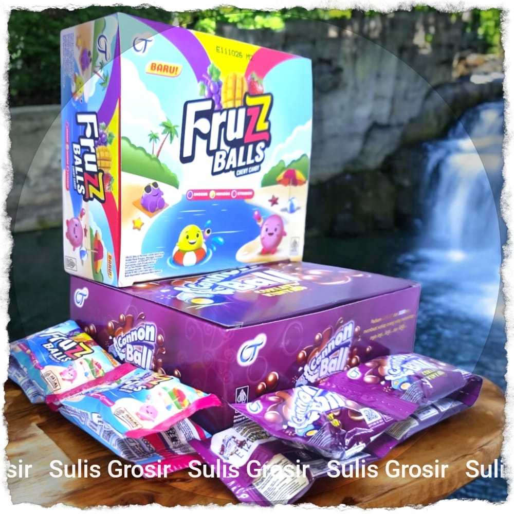 Jual Cannon Ball Coklat Kunyah dan Fruzz Balls Chewy Candy 1 Box Isi 24 ...
