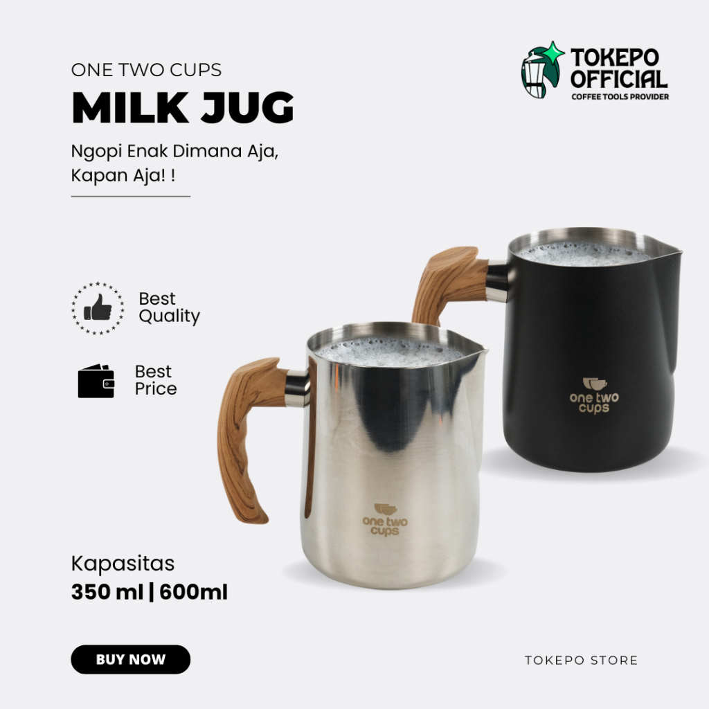 Jual One Two Cups Gelas Milk Jug Latte Art Stainless Steel Kayu 900ml - Gagang Kayu Aesthetic ...