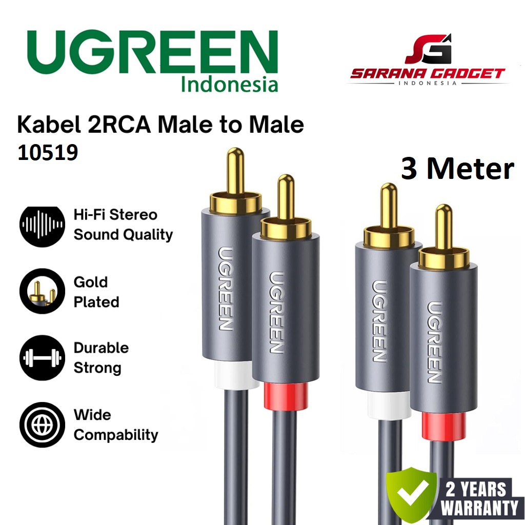 Jual UGREEN 10519 Kabel Audio RCA Male to RCA Male Dual Jack Gold Plated Premium Quality 2 RCA ...