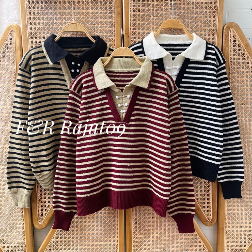 Jual F&R Paula Knits - Atasan Sweater Rajut Wanita Berkerah Polo Motif ...