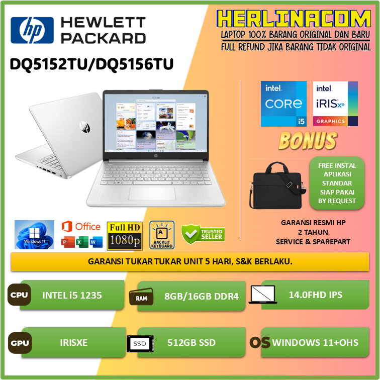 Jual HP 14 DQ5152TU INTEL CORE i5 1235 16GB 512GB WINDOWS 11 OHS 14 ...