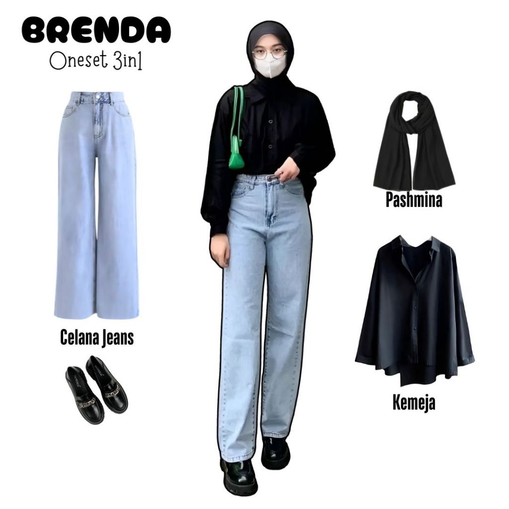 Jual One set 3in1 baju atasa kemeja kerah hitam celana jeans highwaist loose kulot cullote denim ...
