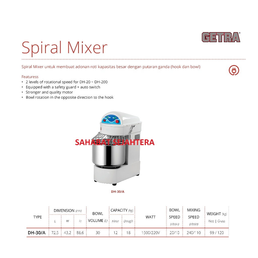 Jual GETRA Spiral Mixer DH-30/A Mesin Pembuat Adonan Roti & Kue Kap ...