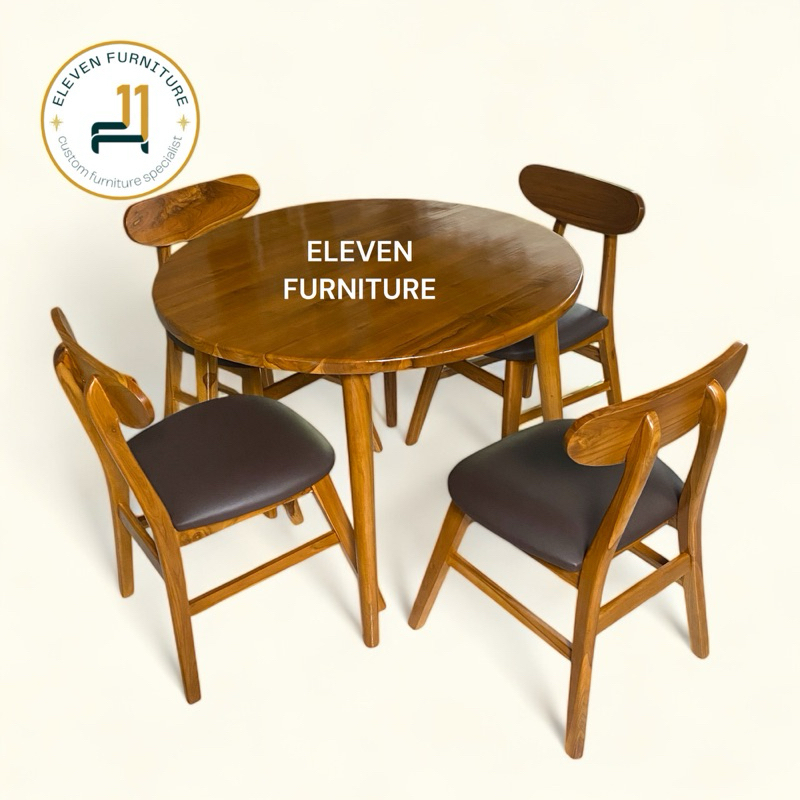 Jual SET MEJA MAKAN BULAT 4 KURSI ROPAN kayu jati cafe resto minimalis retro japandi korean ...