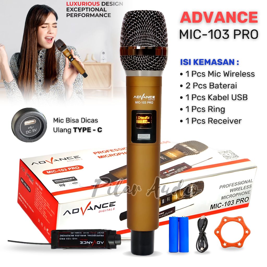 Jual ADVANCE MIC-103 PRO Microphone Profesional Mic Wireless Gold Bisa ...
