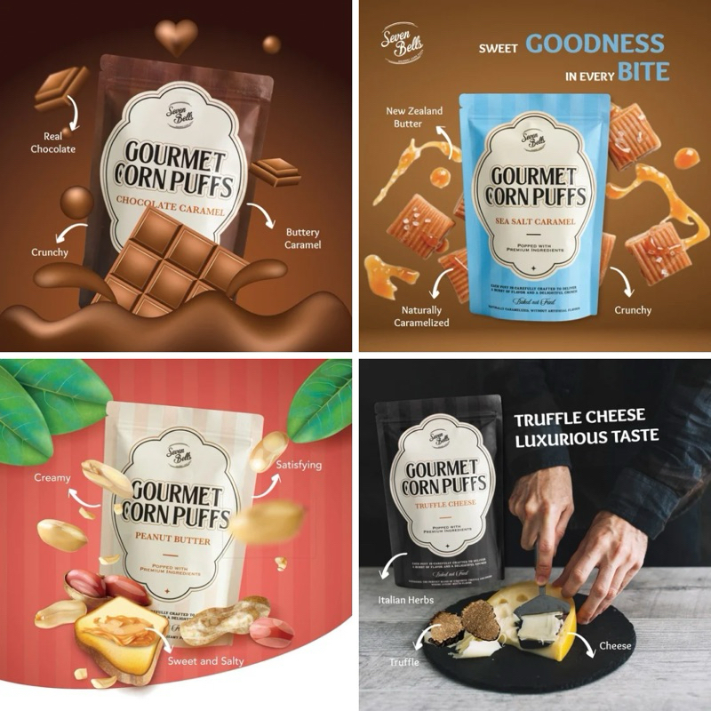 Jual Seven Bells Gourmet Corn Puffs POUCH Sea Salt Caramel Chocolate ...