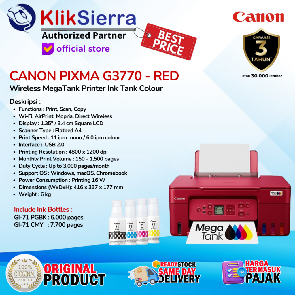 Jual Printer CANON Pixma G3770 RED / G3770 RED Print Scan Copy Ink Tank ...