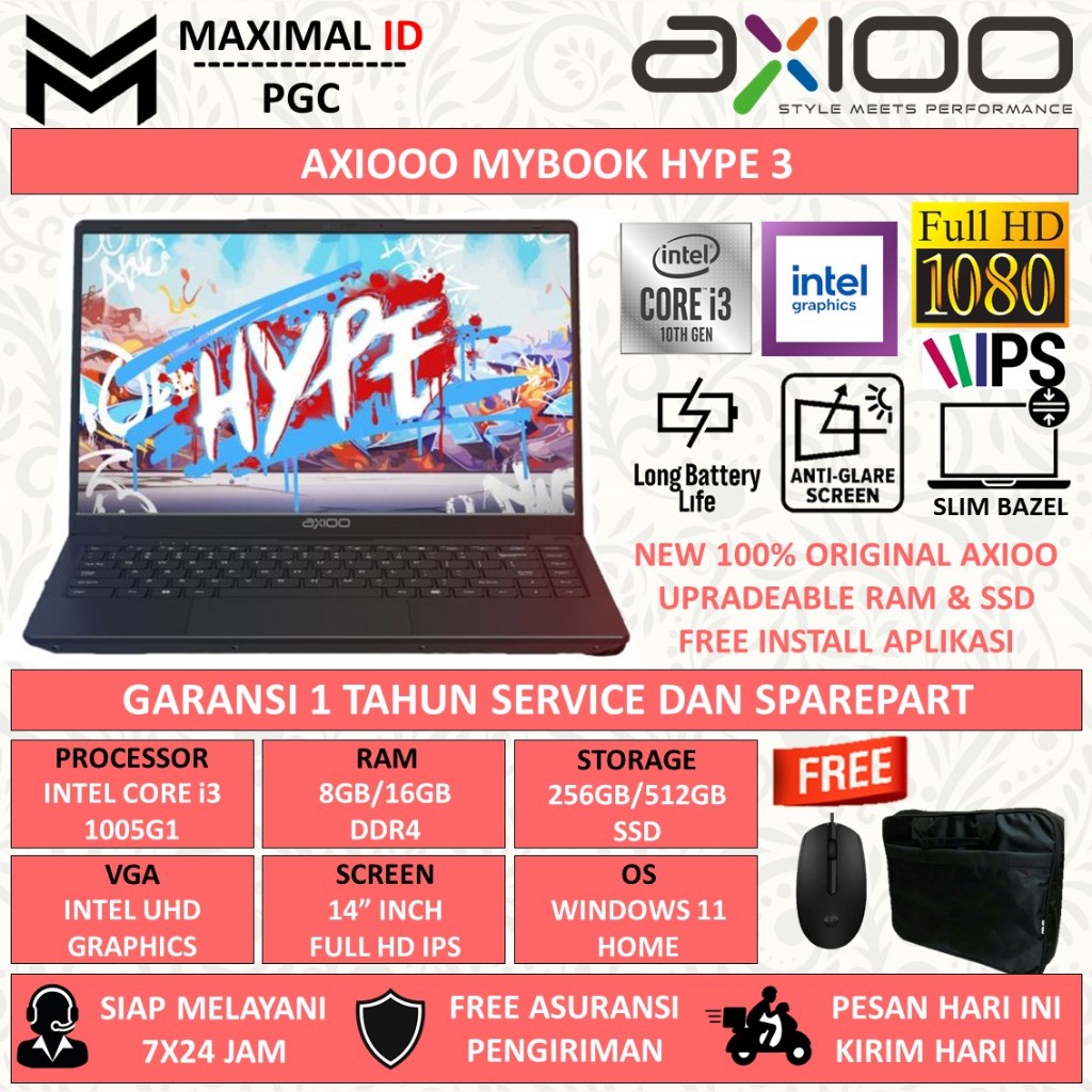Jual Laptop Axioo Mybook Hype 3 Intel Core I3 1005G1 Ram 8GB 512GB SSD Full HD IPS Windows 11 ...