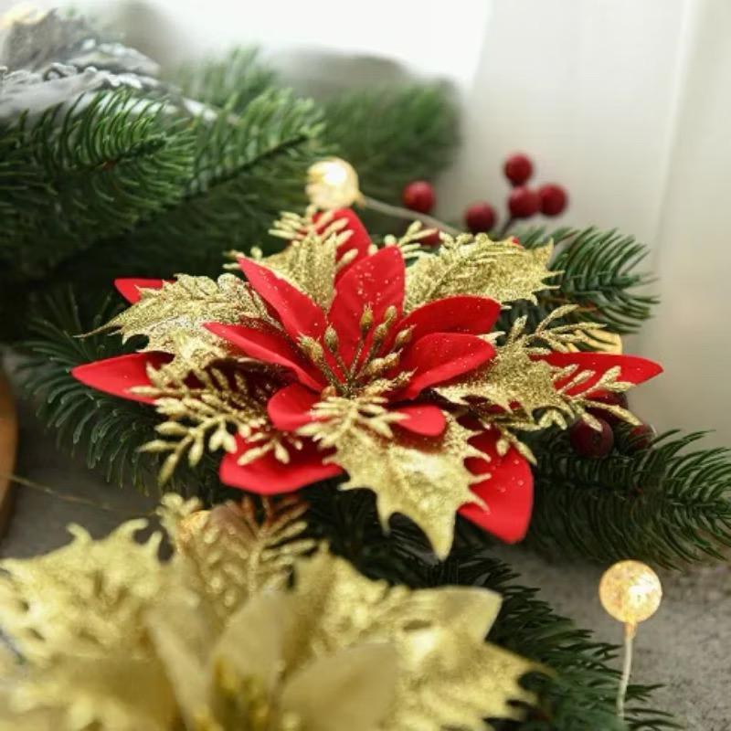 Jual BUNGA HIASAN POHON NATAL POINSETTIA GLITTER ARTIFICIAL 15 CM ...
