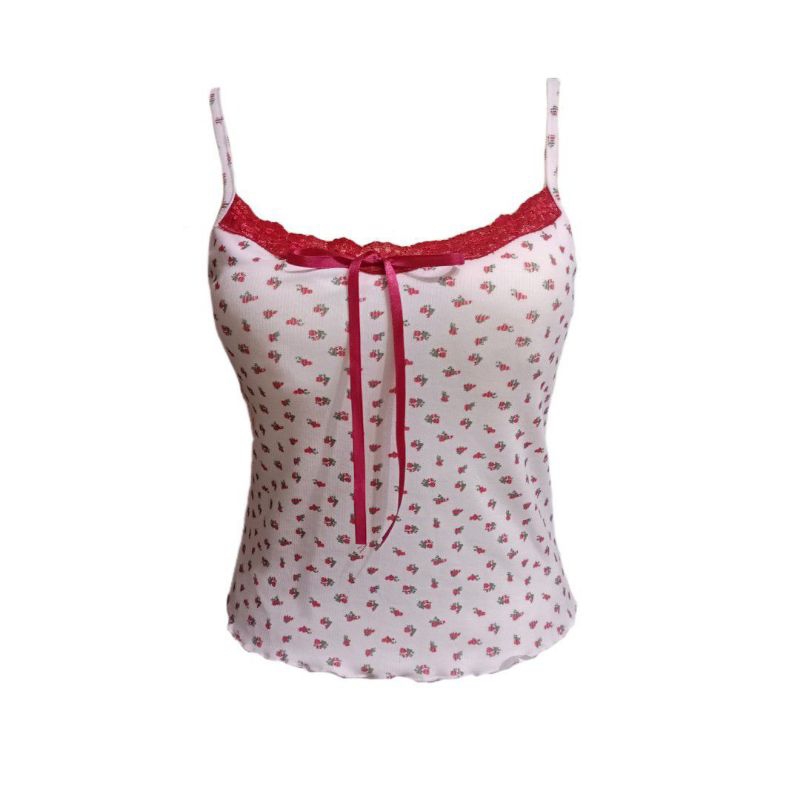 Jual BRAND NEW Tank top knit coquette white red ribbon floral dainty ...