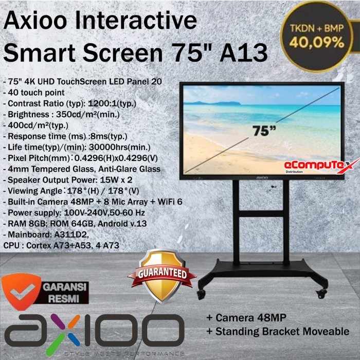 Jual AXIOO INTERACTIVE SMART SCREEN A13 75" INCH SMART BOARD LED 4K UHD ...