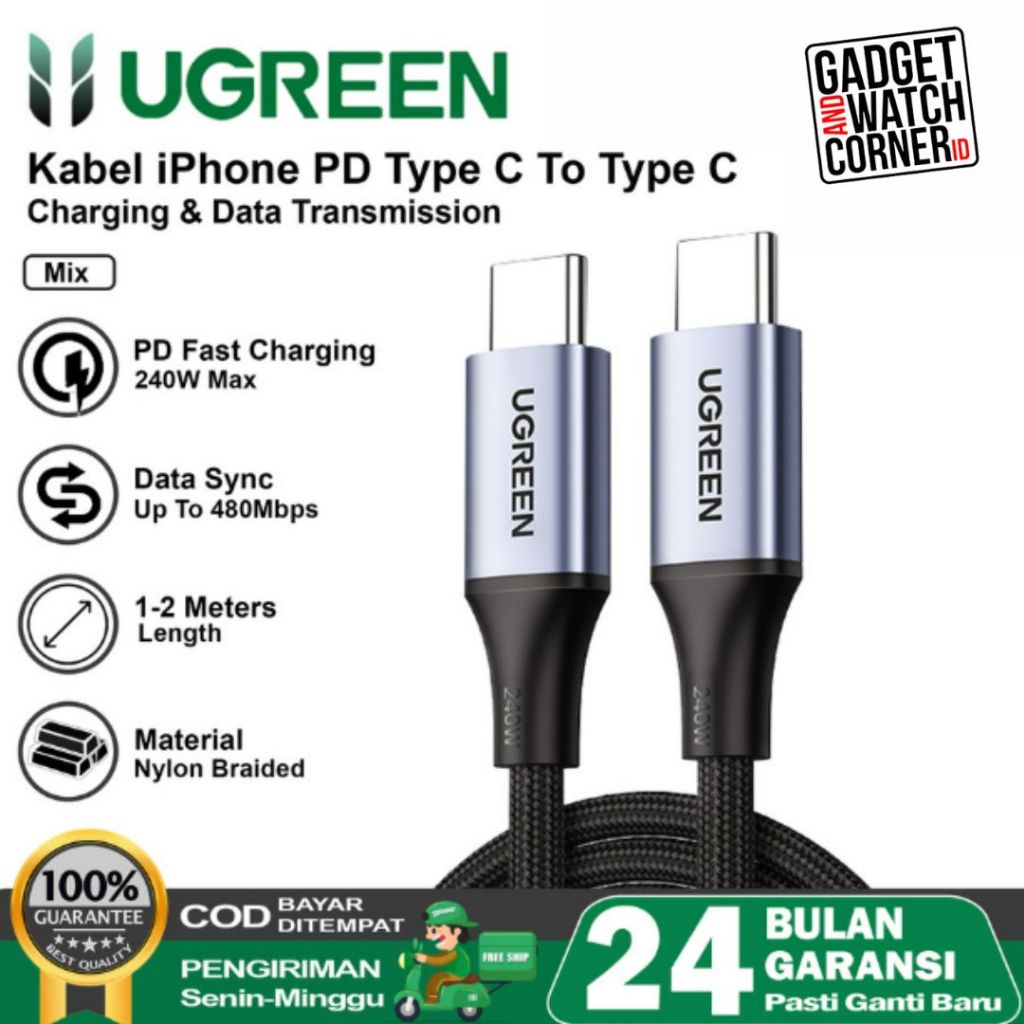 Jual UGREEN Kabel Type C to Type C Fast Charging 240w Nylon Braided - 15311 & 90440 | Shopee ...