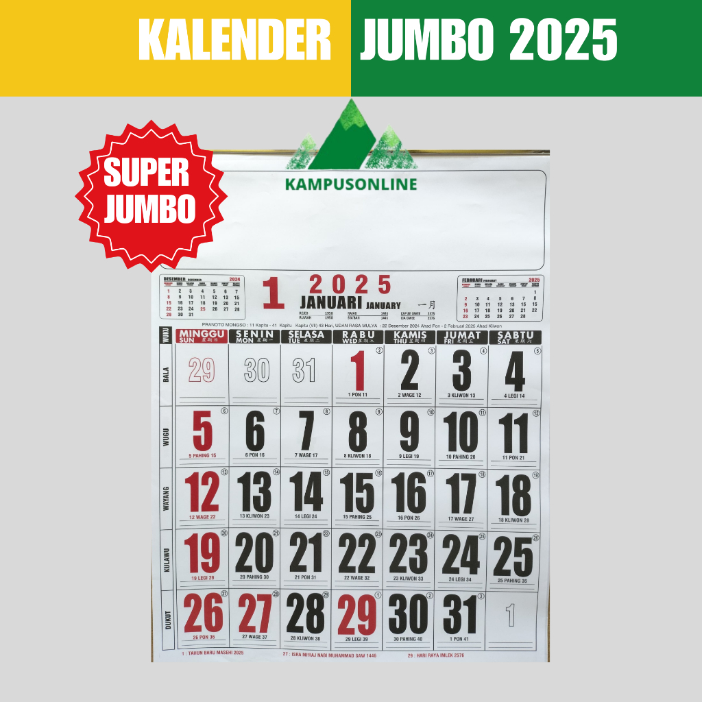 Jual PROMO KALENDER DINDING 2025 ANGKA BESAR UKURAN EXTRA JUMBO 50 X 65 ...