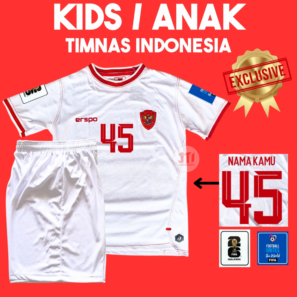 Jual Jersey Timnas Anak Indonesia 2024 Erspo KIDS Baju Bola Sablon Nama Nameset Putih Emyu id ...