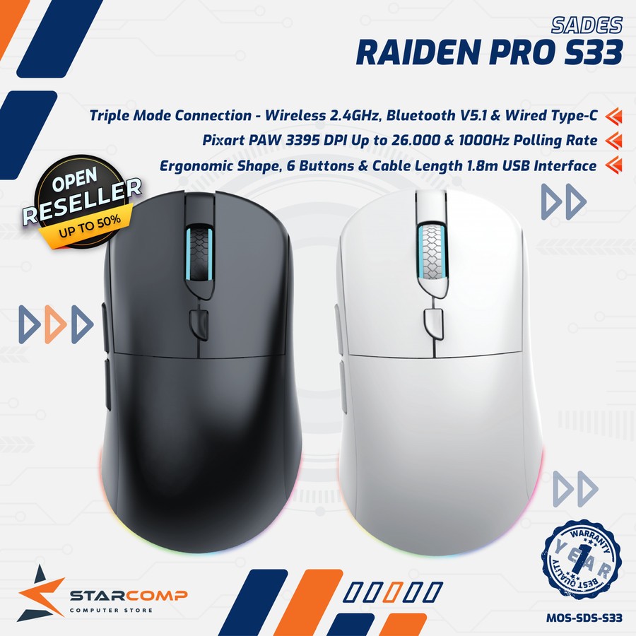 Jual Sades Raiden Pro S33 Gaming Mouse Triple Mode Connection PAW3395 Ergonomic RGB Kailh Switch ...