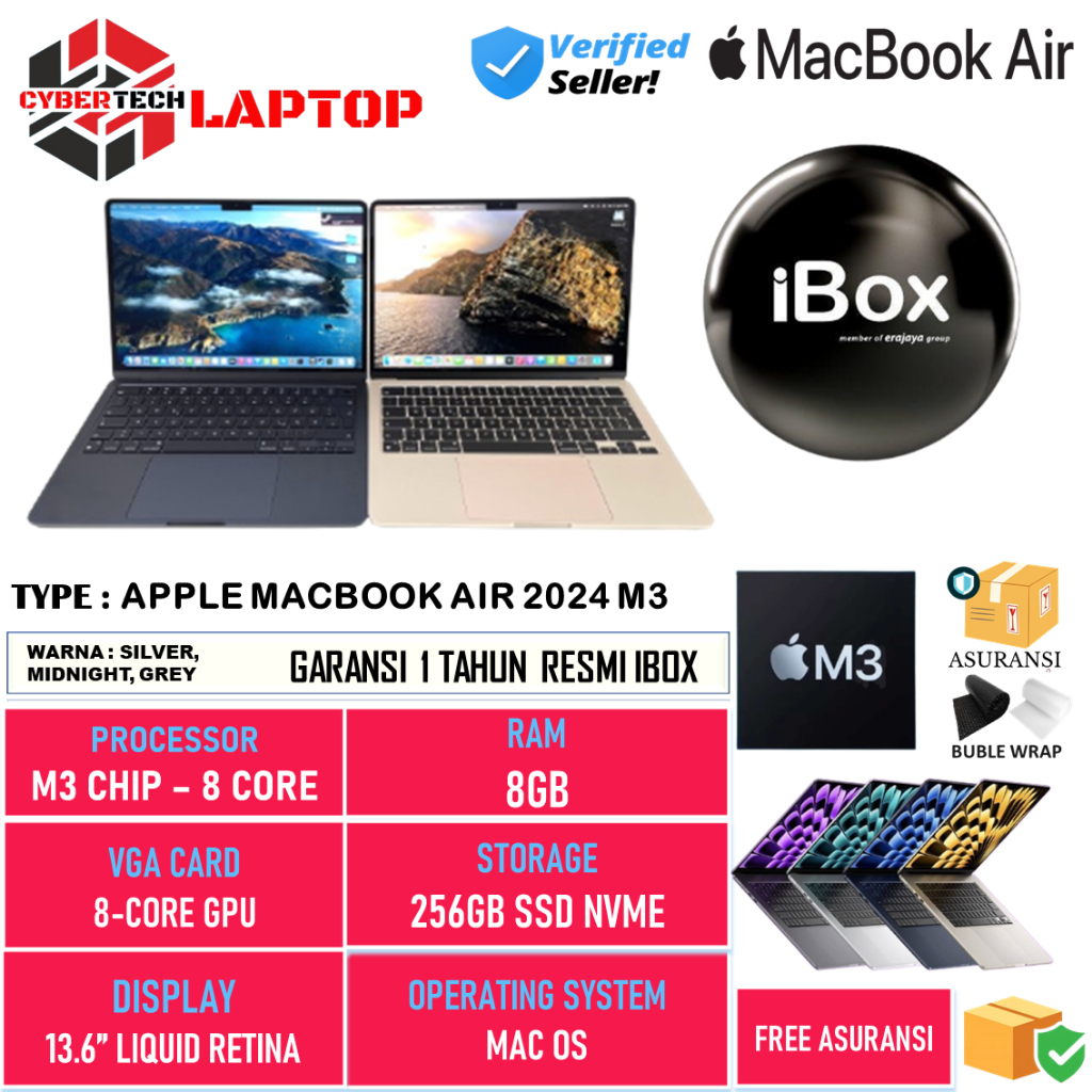 Jual ORIGINAL ( IBOX ) Apple Macbook Air M3 8GB 256GB 13.6 Inch Liquid ...