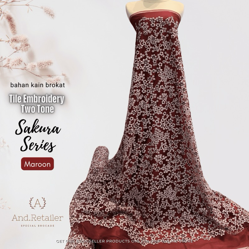 Jual Bahan Kain Brokat Mewah Tile Embroidery Sakura 2 tone Motif Bunga ...