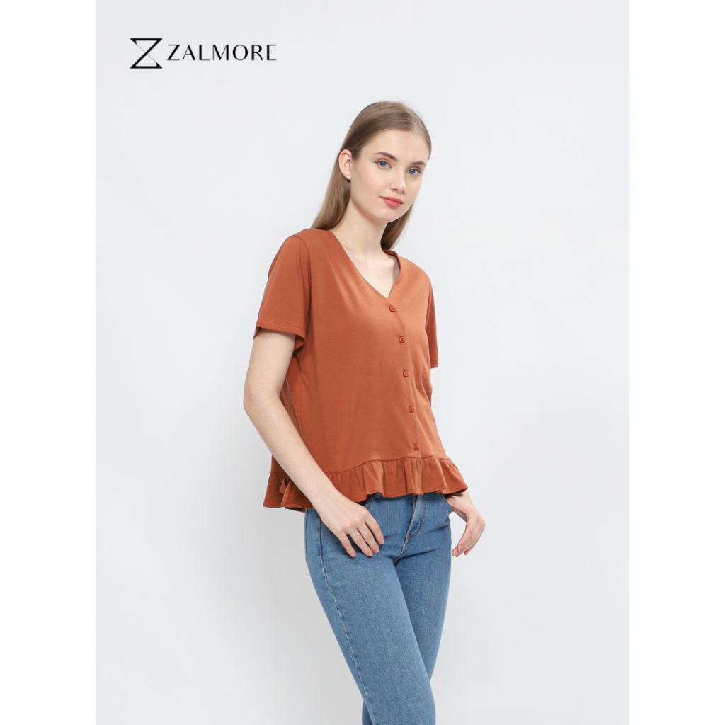 Jual Zalmore Vneck Button Top with Ruffle Premium Cotton - Atasan ...
