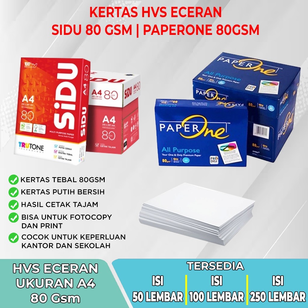 Jual [BISA INSTANT & COD] SIDU / PAPER ONE HVS ECERAN A4 & F4 80 GSM Tersedia 50 / 100 / 250 ...